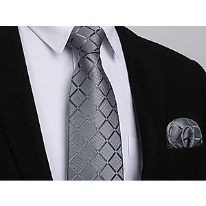 HISDERN Mens Ties for Men Grey Plaid Tie Handkerchief Classic Men's Tie with Pocket Square Set Formal Necktie Silver Gray Wedding Business Ties Set