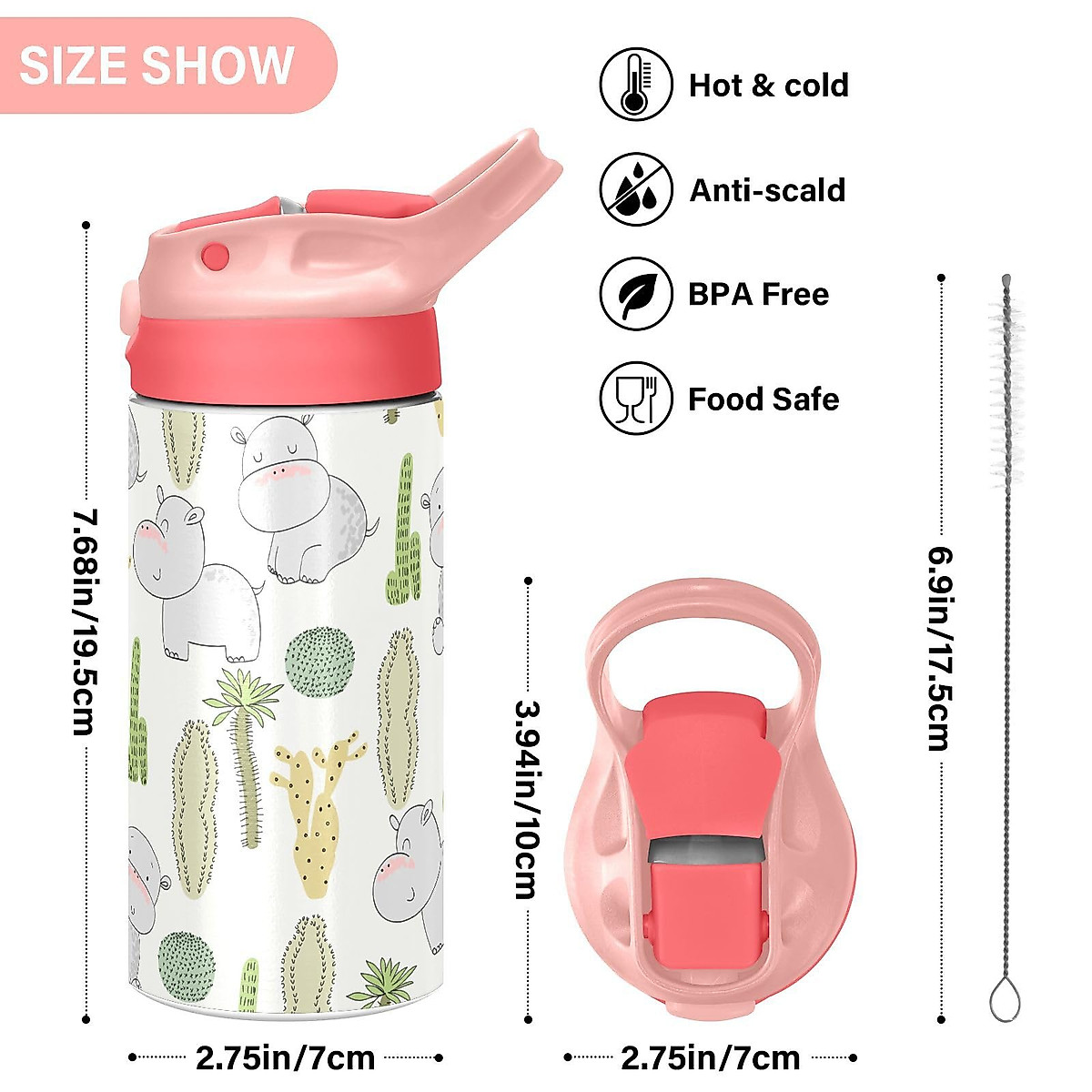 ALAZA Cute Cactus Hippo Kids Water Bottles with Lids Straw Insulated Stainless Steel Water Bottles Double Walled Leakproof Tumbler Travel Cup for Girls Boys Toddlers 12 oz / 350 ml,Pink