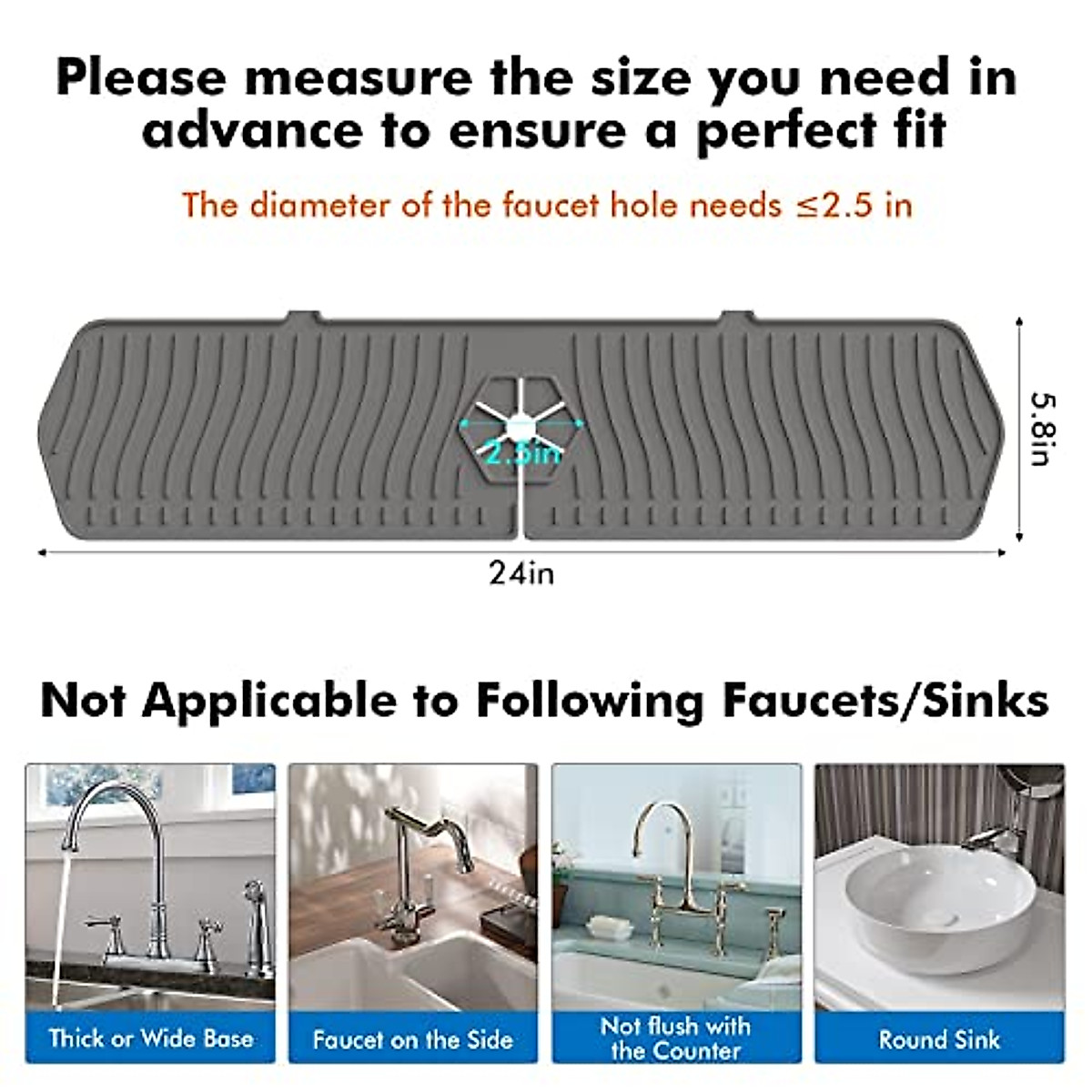 Big Size Kitchen Sink Splash Guard, 24in Faucet Mat Splash Catcher, Handle Drip Catcher Tray, Multipurpose for Kitchen Dish Drying Mats Sponge Holder and Bathroom Countertop Protect(Gray)