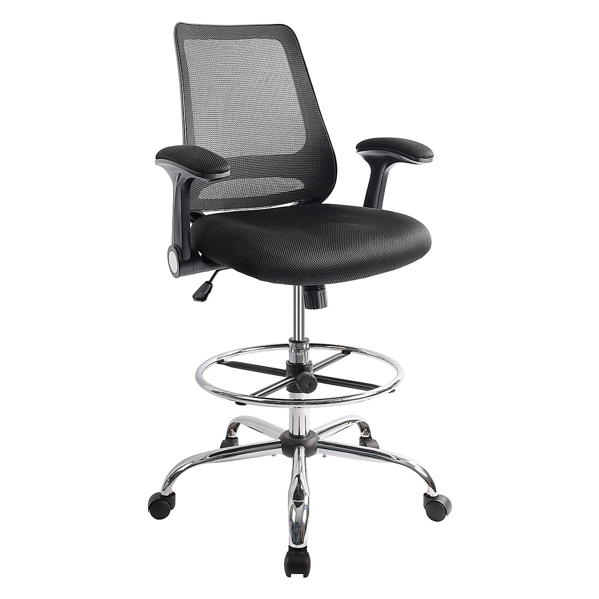 Drafting Chair, Height Adjustable Tall Office Chair, Standing Desk Chair with Adjustable Foot Ring and Flip-Up Arms, Black