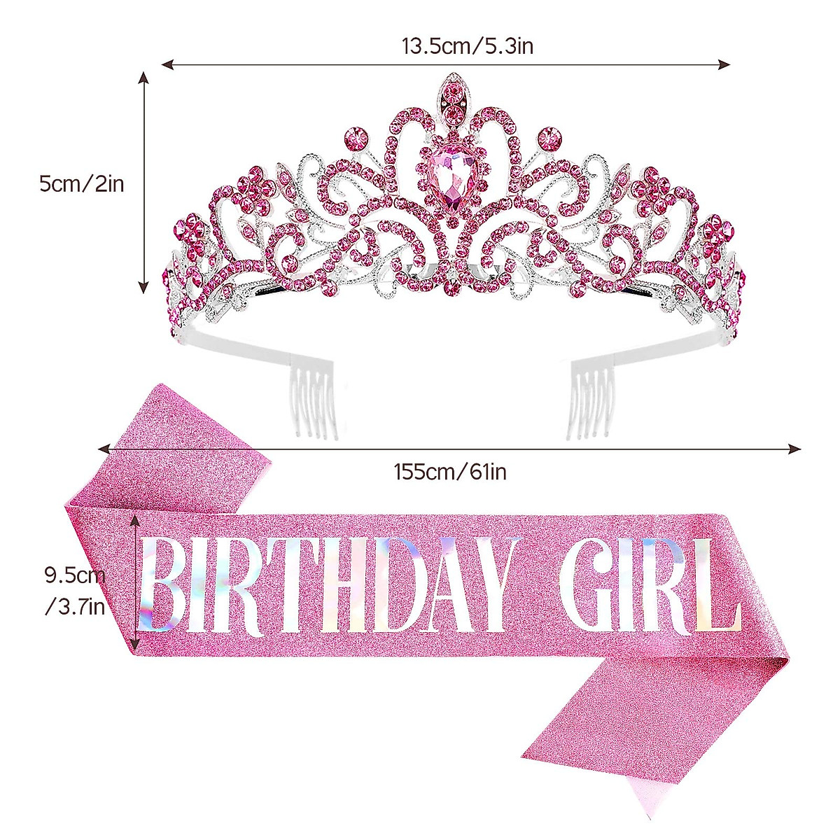 Casoty Birthday Girl Sash & Rhinestone Tiara Set, Birthday Crowns for Women, Happy Birthday Queen Tiara for Women, Birthday Sash and Tiara for Women, Glitter Birthday Sash Birthday Party Favors