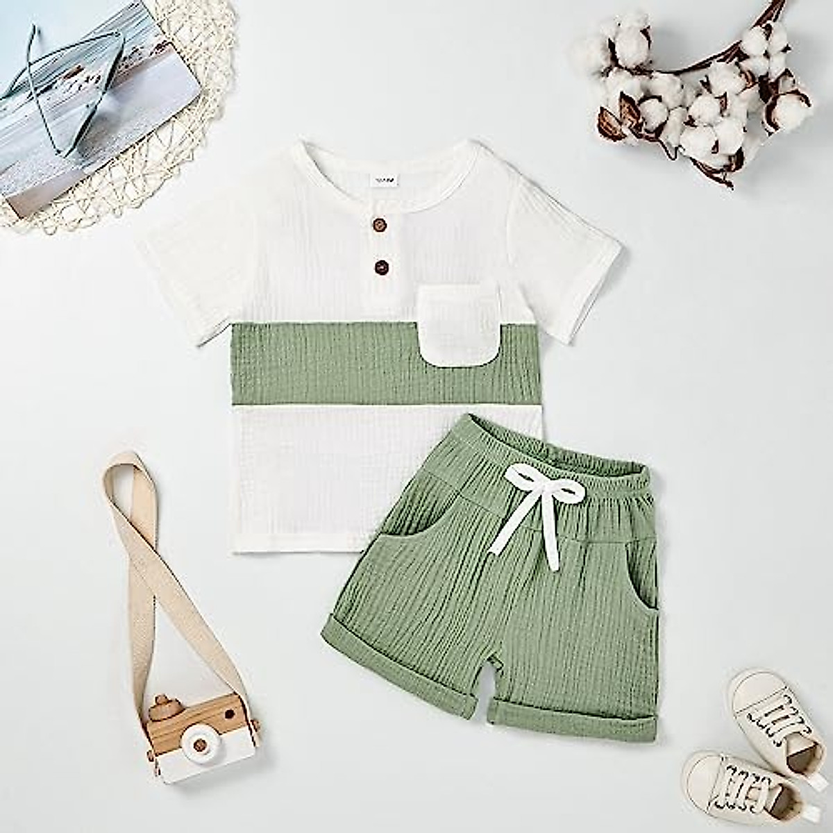 ODIMAME 2T Boy Clothes Toddler Boy Shorts Summer Outfits Patchwork T-Shirt Pocket Short Pants Set Light Green 2-3 Years