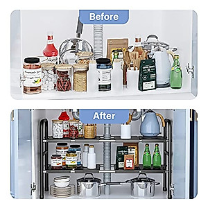 POJORY Under Sink Organizers, 2 Tier Expandable Cabinet Shelf Organizer with 8 Detachable Panels for Under Kitchen Bathroom Storage, Multi-Use Under Sink Organizers and Storage,Black