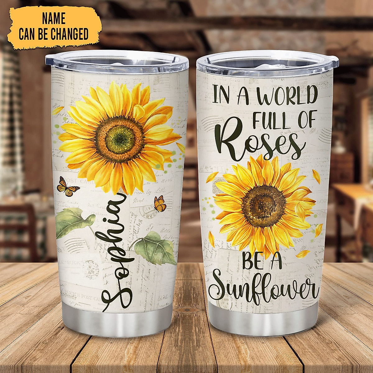 Hyturtle Personalized Gifts For Sunflower Lover - Be A Sunflower Custom Name Stainless Steel Tumbler 20oz With Lid - Idea Floral Lover Gifts For Women Girl On Birthday, Christmas