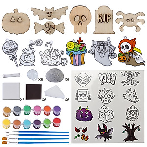 JOYIN 52 Pcs Halloween Craft Kid Wooden Magnet Creativity Arts & Crafts Painting Kit, DIY Rock Painting Craft Kits for Kids Halloween Party, Birthday Parties and Toddler Crafts