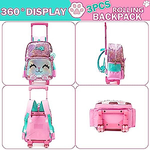 Meetbelify Rolling Backpack for Girls Cute Pink Cat School Backpack with Wheels Kids Sequin Roller Luggage for Elementary Kindergarten Students with Lunch Box Pencil Case for Girls 5-12 Years Old