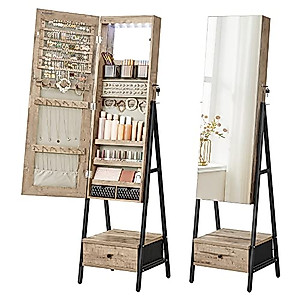 SONGMICS LED Mirror Jewelry Cabinet Standing, Lockable Jewelry Armoire with Full-Length Mirror, Space-Saving Jewelry Organizer with Mirror, Drawer and Shelf, Toasted Oak Color UJJC025N01