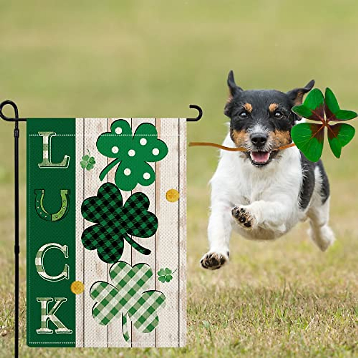 YOVOYOA St Patricks Day Garden Flag, 12.5 x 18 Inch Double Sided Green Shamrock Clover Spring Flag, Rustic Luck Shamrock Buffalo Plaid Flag for Yard Patio Outdoor Farmhouse Decor