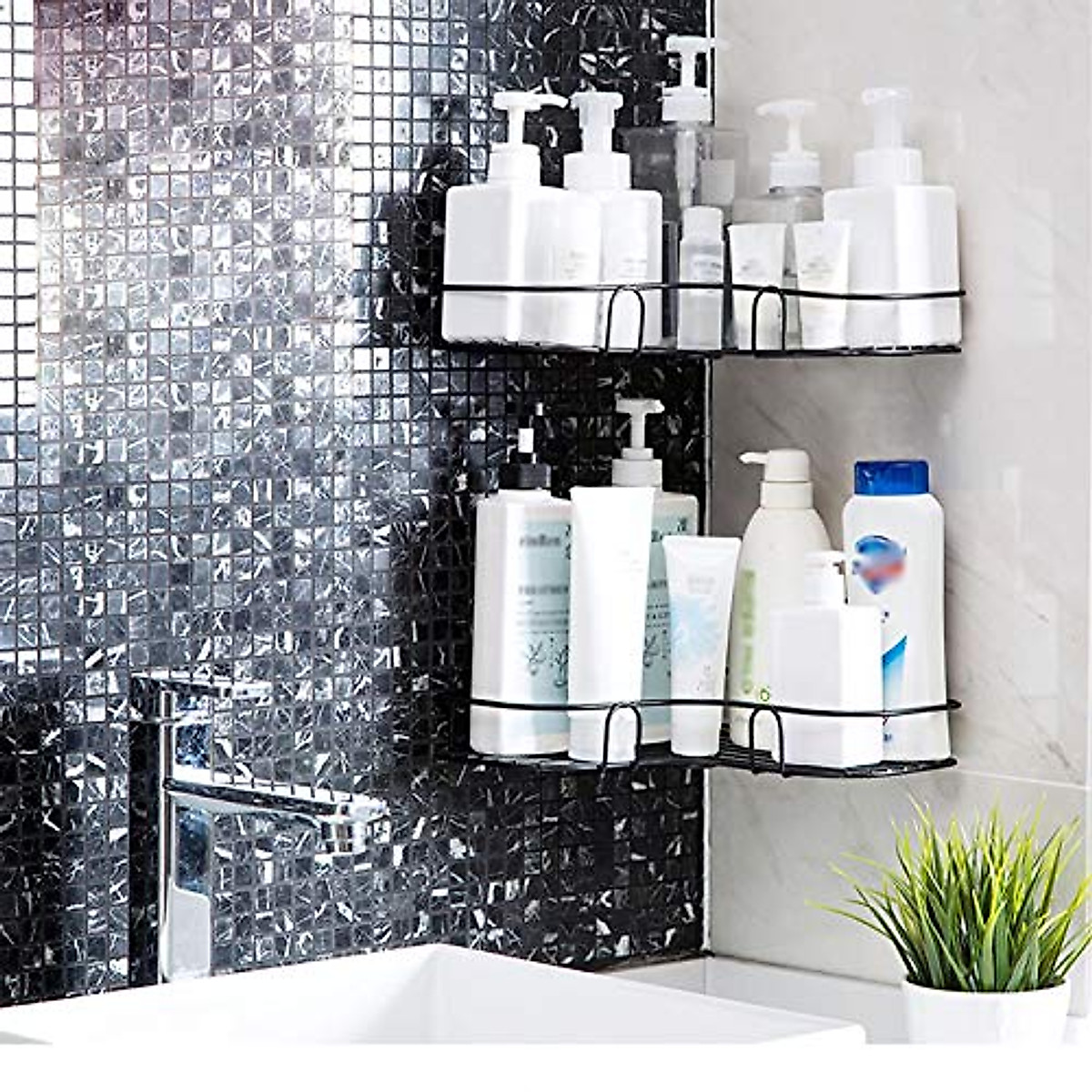 2pcs Corner Shelf Shower Caddy Organizer Bathroom Storage Holder with Hooks Toilet Kitchen No Drilling Black