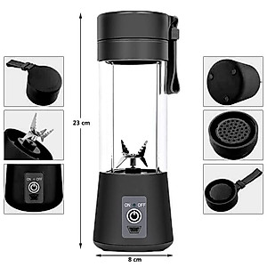 Portable Blender Smoothies Personal Blender Mini Shakes Juicer 380 ml Cup USB Rechargeable Cordless Shaker Bottle (BLACK)