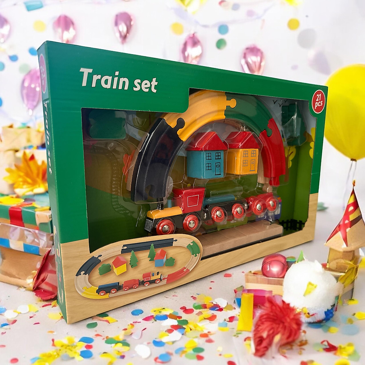 21 Pc Starter Wooden Train Set - Train Tracks & Accessories, Magnetic Trains Cars for Toddlers & Older Kids - Compatible with Major Brand Train Sets