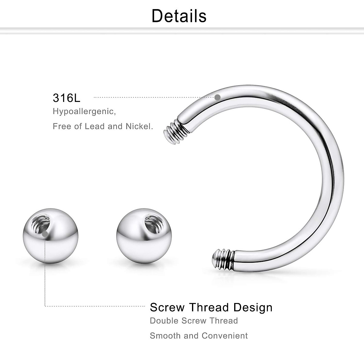 Dyknasz 16G Surgical Steel Septum Rings Retainers Helix Tragus Lip Hoop Ring Horseshoe Barbell Earring with Clear Diamond CZ Body Piercing Jewelry 8mm for Women Men Silvertone