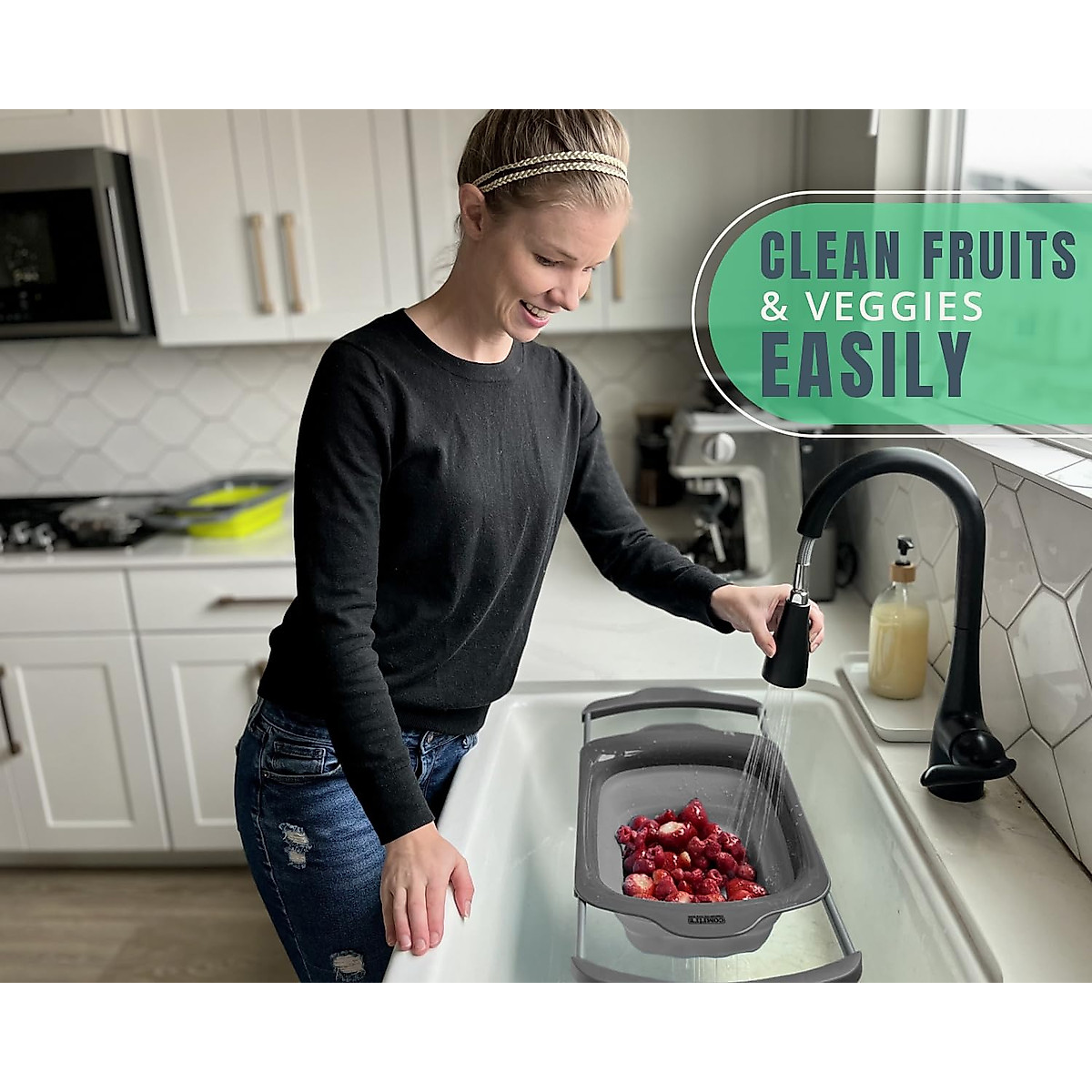 XL Large Kitchen Strainer by Comfify - Collapsible Silicone Over-The-Sink Colander with Extendable Handles - Use with Pasta, Fruit, Berries & Veggie - 6 Quart - Gray