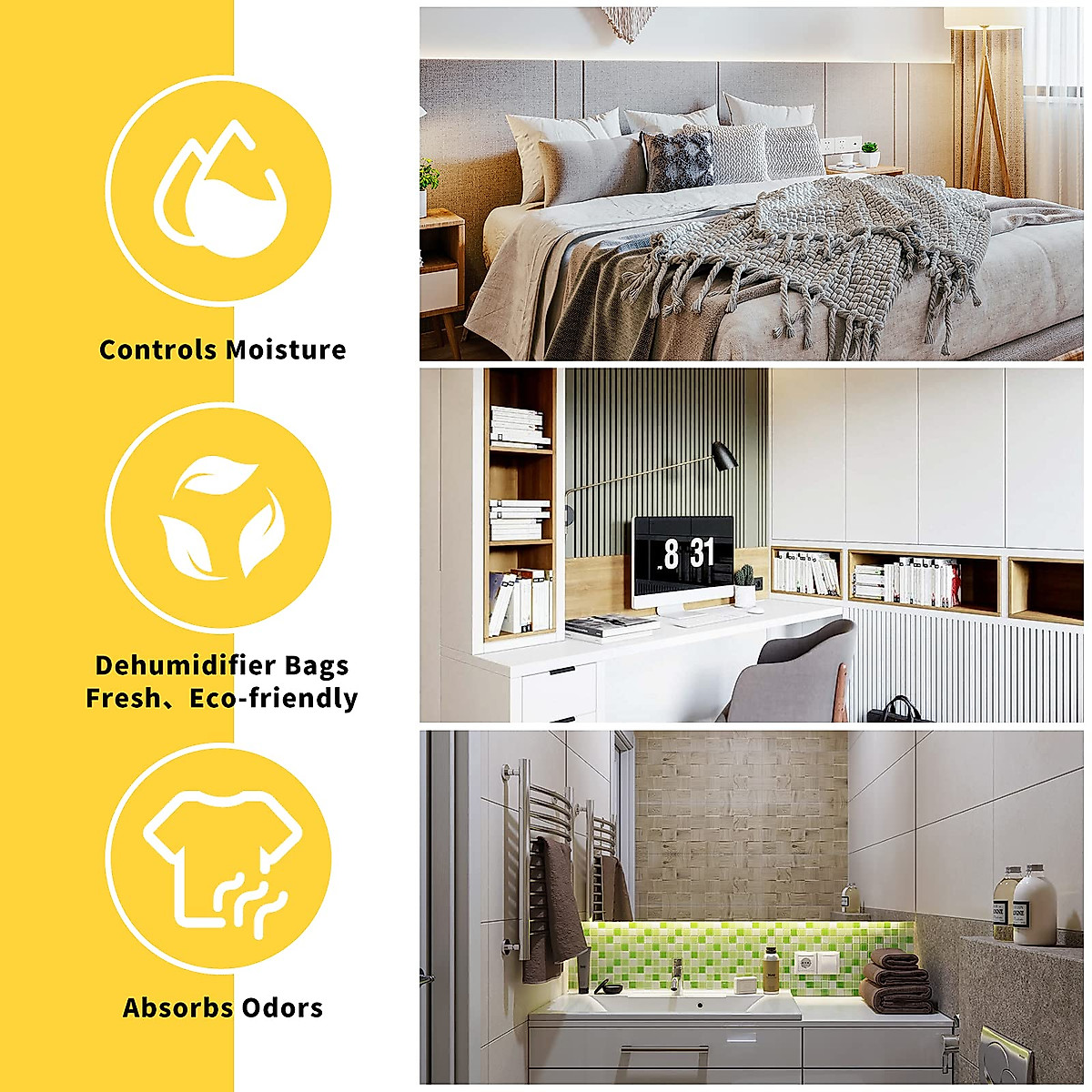 ZSZMFH 15 Pack Moisture Absorber & Max Odor Eliminator Hanging Bag, Charcoal Smell Remove Damp Musty Smell,Hanging Closet Dehumidifier Bags with 25g of Activated Charcoal (220g/pack) Yellow