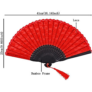 Womens Multi Color Handmade Cotton Lace Folding Hand Fan (Black-A) (Red)