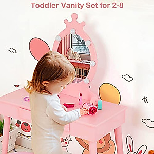 Vabches Kids Vanity Set with Mirror and Stool, Children Makeup Dressing Table with Lights, Princess Vanity Table for Toddlers, Pink