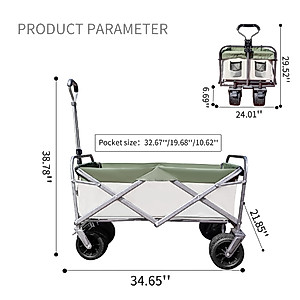 FRANSOUL Collapsible Foldable Wagon, Utility Wagon Garden Trolley Cart Adjustable Handle All-Terrain Beach Wheels & Drink Holders, for Shopping Outdoor Camping Beach Garden, Green+White