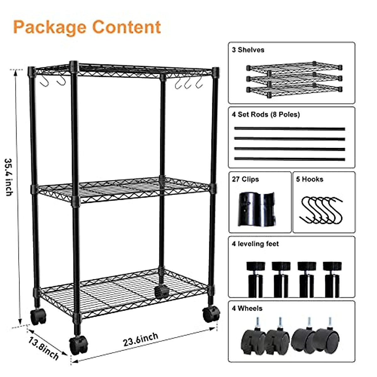 Storage Shelves, 3 Tier Shelf Adjustable Wire Shelving Unit, Sturdy Steel Metal Shelves Heavy Duty Shelving Rolling Cart with Casters for Garage, Kitchen, Living Room, Bathroom, 23.6L X 13.8W X 35.4H