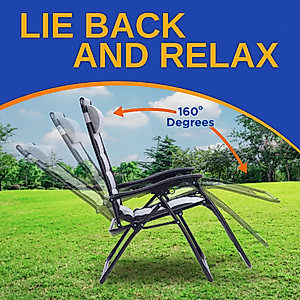 SereneLife SL1ZGRCP21.5 Outdoor Foldable Padded Zero Gravity Lawn Chair-Adjustable Recliners with Plastic Cup Holder Side Table and Pillow (Gray and Black)