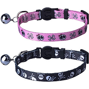 PUPTECK Breakaway Cat Collar with Bell Charm, 2 Packs Adjustable Kitty Collars Pink & Black Skull Pattern
