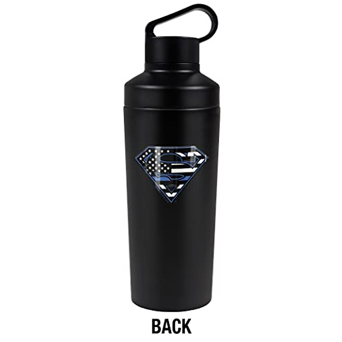 Superman OFFICIAL Superman Thin Blue Line Flag Shield Logo Pattern 18 oz Insulated Water Bottle, Leak Resistant, Vacuum Insulated Stainless Steel with 2-in-1 Loop Cap