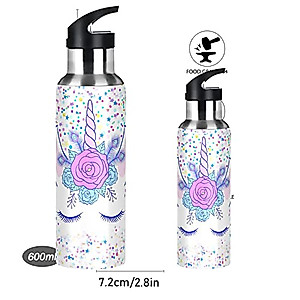 Star Flowers Unicorn Water Bottle with Straw Lid Double Wall Thermos Bottle Vacuum Insulated Flask Stainless Steel Water Bottle for Gym Outdoor 20 OZ