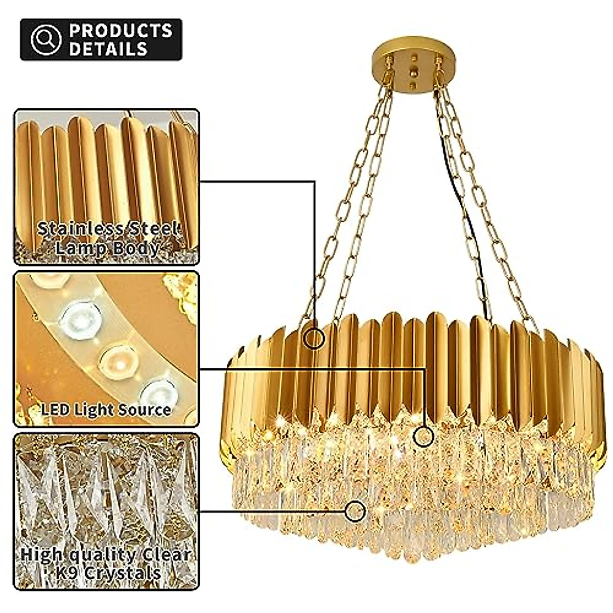 Fitsai Modern Gold Crystal Chandelier Light with Remote Control, Dimmable Round LED Pendant Light, Ceiling Light Fixtures for Dining Room Living Room Bedroom Variable Light
