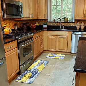 Kitchen Rug Set 2 Pieces Green Spring Floral Blue Yellow and Navy Chrysanthemum Flowers Comfort Mat Cushioned Floor Mats Washable Doormat Anti Fatigue Non-Slip Kitchen Runner Rugs Bedroom Area Carpet