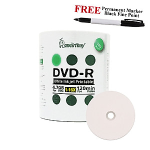 Smartbuy 100-disc 4.7GB/120min 16x DVD-R White Inkjet Hub Printable Blank Media Disc + Black Permanent Marker