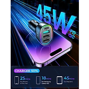 USB C Car Charger, 45W 4 Ports Super Fast Car Charger Adapter, PD3.0 & QC3.0 30W Type C Car Charger Compatible with iPhone 14 Pro Max/Pro/Samsung Galaxy 22/Google Pixel, Cigarette Lighter USB Charger
