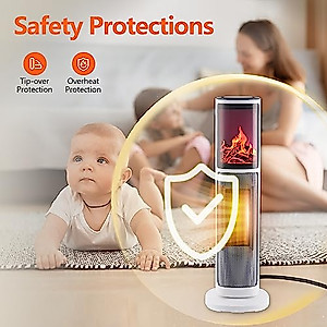 Trendgear Tower Heater for Indoor Use, 750/1500W Ceramic Space Heater with Thermostat&Oscillating, Digital Space Heater with Realistic 3D Flame, Timer and Remote Control