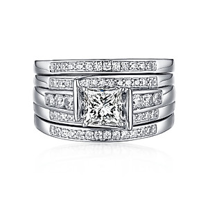 Engagement Ring for Women Bridal Sets 1 ct Princess Cut Moissanite engagement ring set wedding ring set Platinum Plated Silver Anniversary Promise Rings 3 piece set wedding ring size8