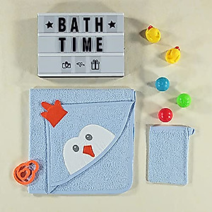 Miniyoki Animal Baby Bath Towel with Washcloth, Turkish Cotton Hooded Baby Towel (Chicken, Blue), 100% Cotton, Made in Turkey, Baby Registry Must Have (30x30 inches)
