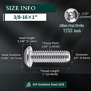 3/8-16 x 1 Button Head Socket Cap Bolts Screws, 304 Stainless Steel 18-8, Full Thread, Coarse Thread UNC, Allen Hex Drive, 25 PCS