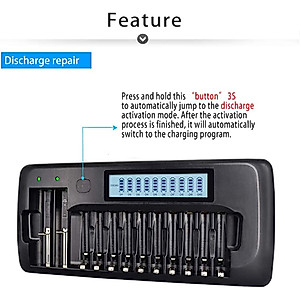 Tenberly 12 Slots Battery Charger with LCD Display for AA AAA 18650 NiCD NiMH 3.7V Li-ion Batteries with Discharge Function (Upgrade Charger)