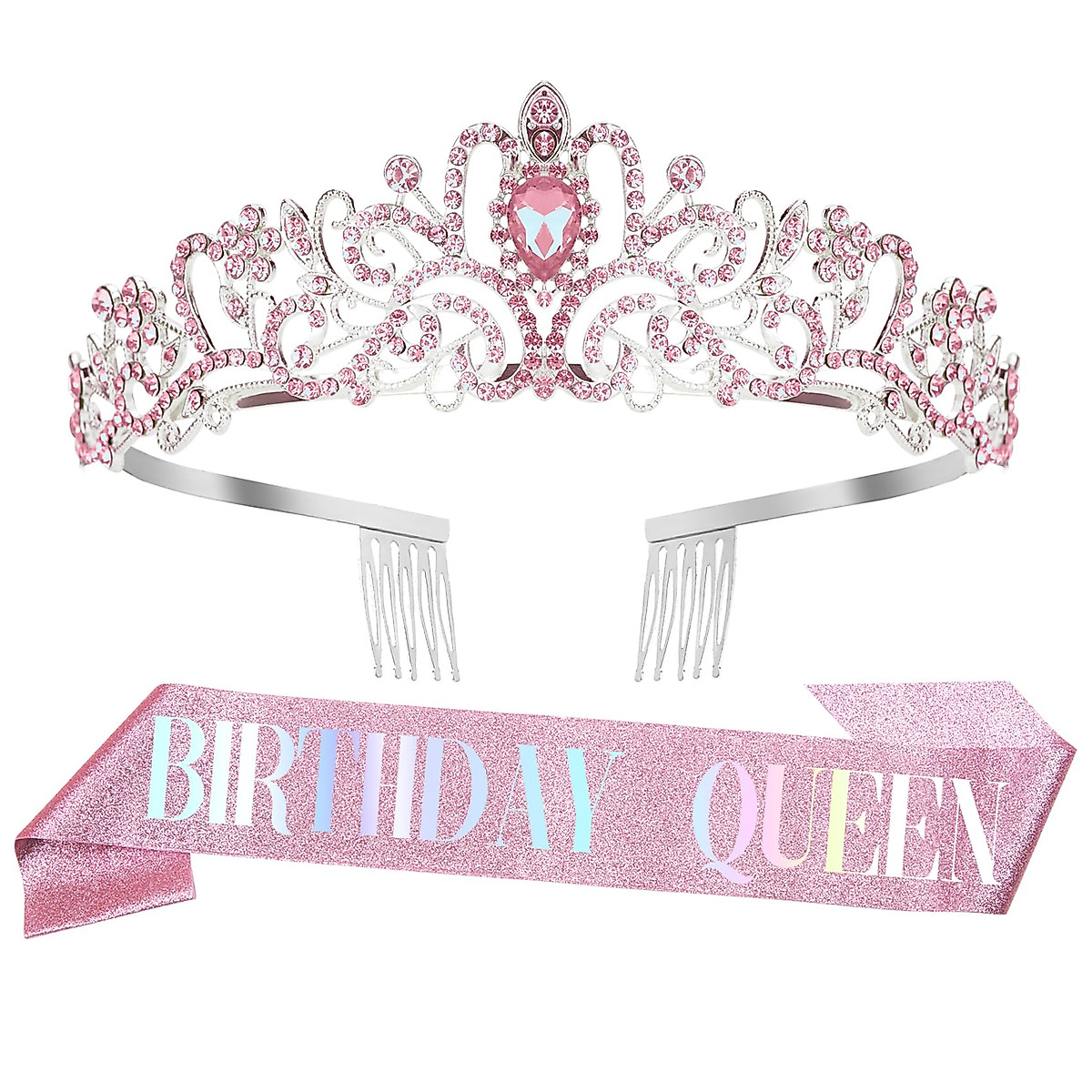Pink Tiara Sash Gifts for Women's Birthday - Rhinestone Crystal Headband Princess Queen Crown Accessories