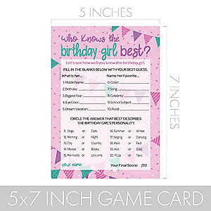 DISTINCTIVS Who Knows The Birthday Girl Best Party Game - 10 Game Cards - Girly Pink and Purple Tween Birthday Party Supplies