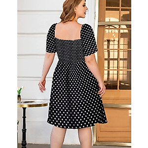 LETDIOSTO Womens Plus Size Dresses Black Polka Dot Knee Length Smocked 4XL Summer Cocktail Wedding Dress