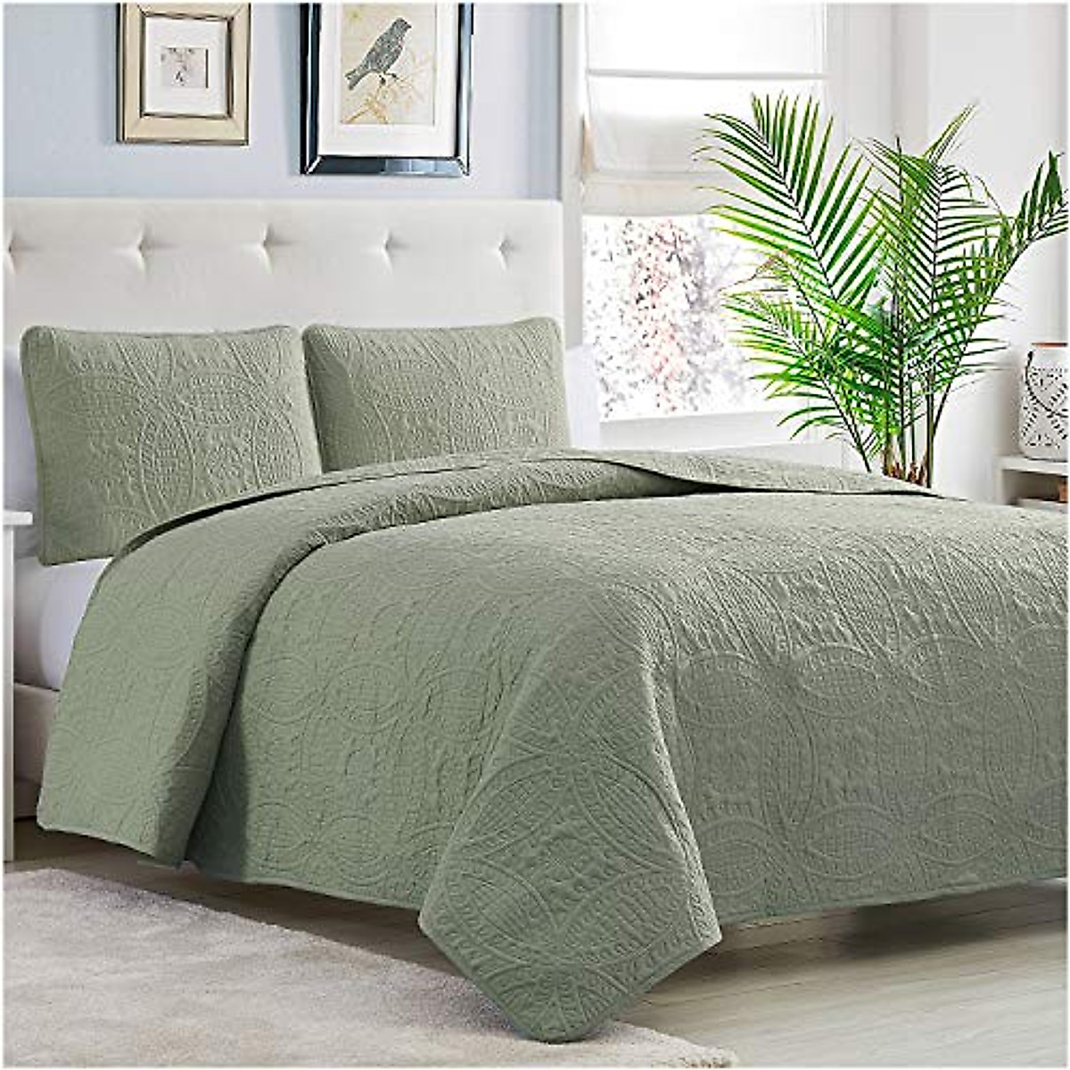 Mellanni Oversized King Bedspread Coverlet Set - King Size Bedding Cover with Shams - Ultrasonic Quilting Technology - 3 Piece King Quilt Bedding Set - Bedspreads & Coverlets (King, Olive Green)