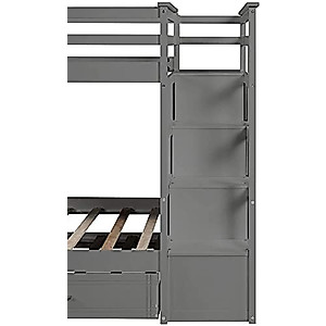 STP-Y Solid Wood Bunk Bed Frame No Box Spring Needed with Guardrails, Ladder and Storage Stairs for and Teens Platform, Twin Over Full, Gray (Color : Grey with Hiden Drawers)