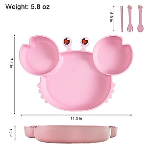 THERDO Toddler Plate and Utensil Set, Divided Baby Plate, Self Feeding Training for Baby, Bamboo Kids Food Plate BPA Free, Microwave Dishwasher Safe, Cute Crab Shaped Cartoon Feeding Plate(Pink)