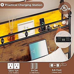 FORABAMB Queen Bed Frame with 4 Drawers, LED Bed Frame Queen Size with Headboard and Charging Station, Metal Platform Bed with Storage, No Box Spring Needed, Easy Assembly, Rustic Brown