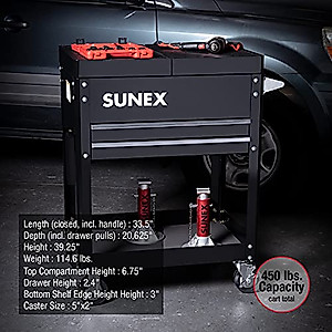 Sunex 8035 Black Compact Slide Utility Cart, Locking Slide Top, Swivel/Locking Casters, 18 Gauge Steel, Latching Drawers, 450-Pound Capacity
