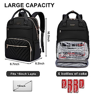 Lunch Backpack for Women, 15.6 inch Laptop Backpack with USB Port, Water Resistant Insulated Cooler Lunch Bag , Travel Work Laptop Bags with Lunch Box for College Work Pincic Camping Beaches, Black