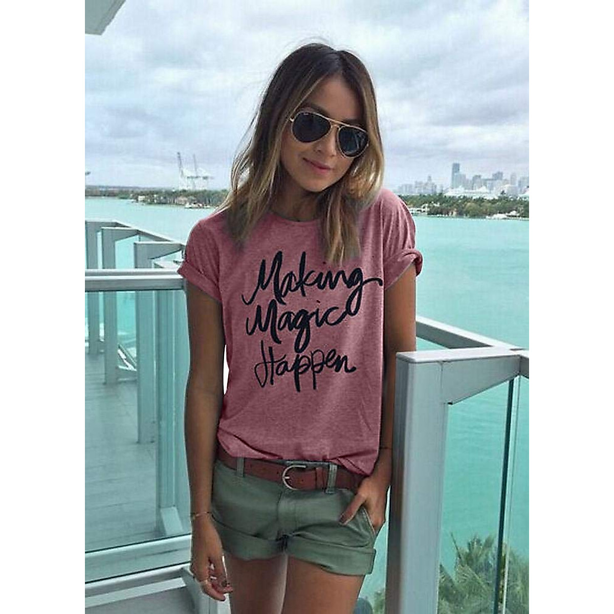 Making Magic Happen Shirt Women Short Sleeve Cute Funny Vacation Tee T-Shirt M Pink