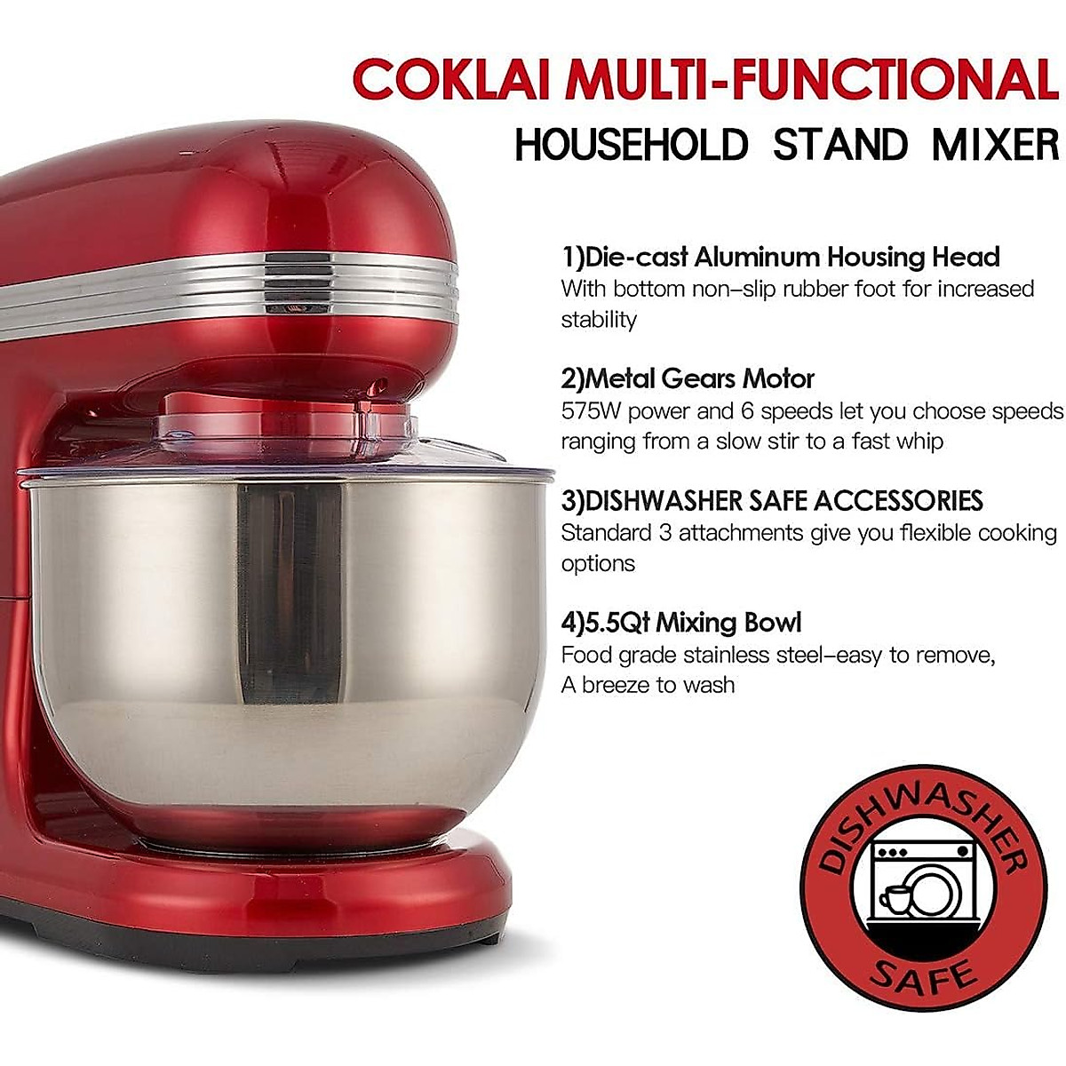 Stand Mixer, COKLAI Electric Mixer, 6 Speed Dough Mixer Metal Lid with Stainless Steel Bowl, Tilt-head Kitchen Mixer with Wire Whisk, Dough Hook, Flat Beater & Splash Guard, Food Mixer for Baking