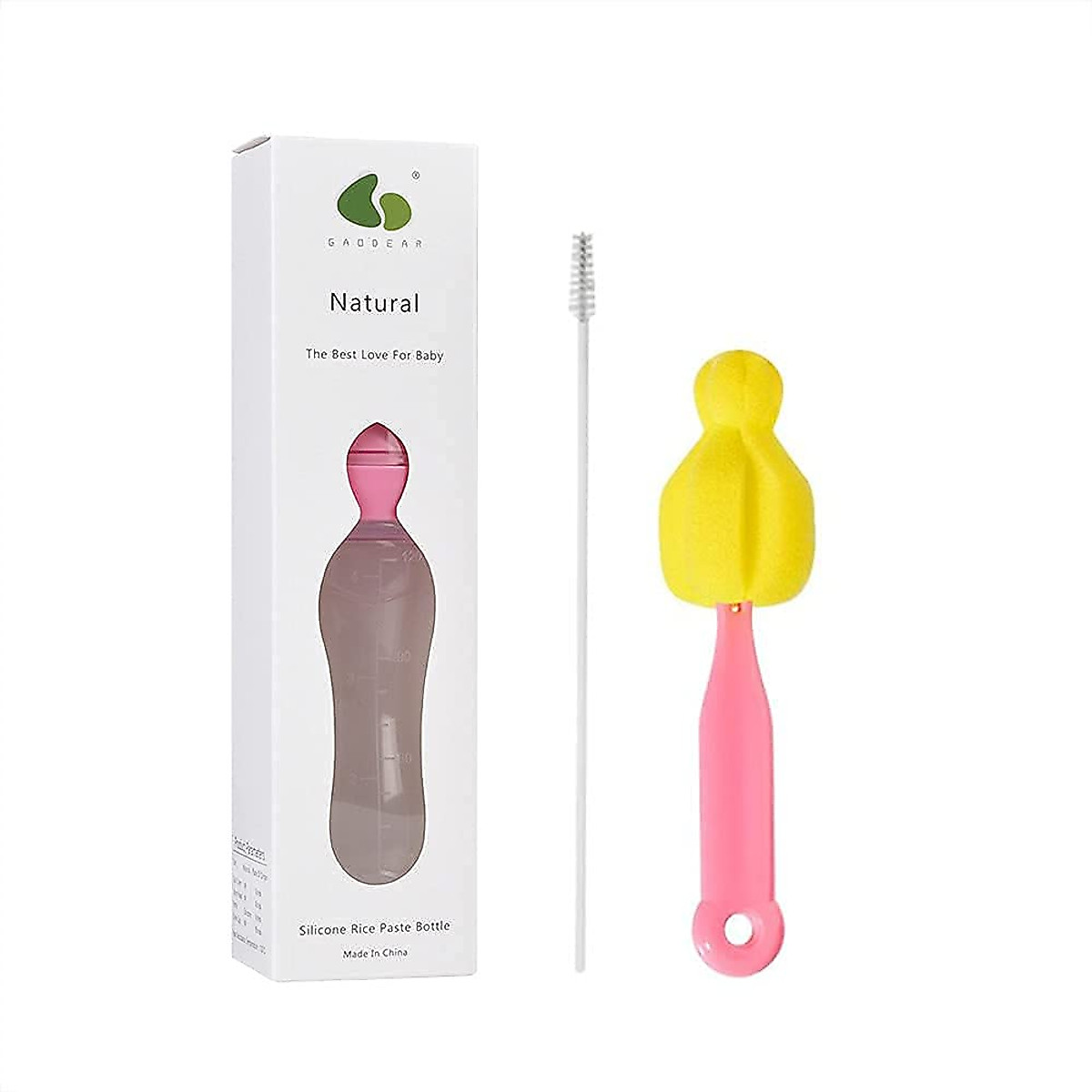 Gaodear Natural Touch Silicone Baby Food Feeder,Squeeze Cereal Bottle with Dispensing Spoon，Suction Cup Design,3 Ounce/Pink