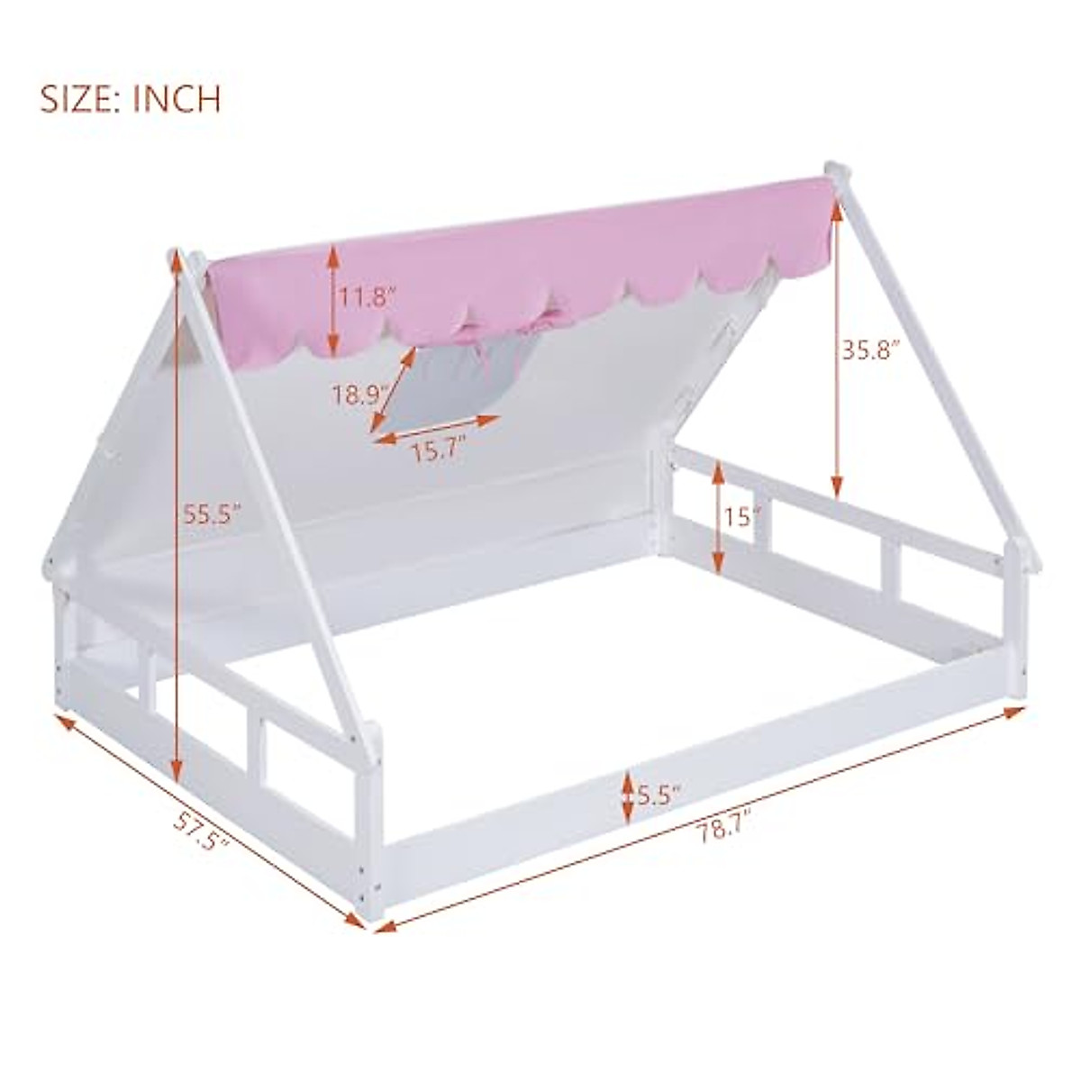 HBRR Full Size Montessori Floor Fabric, Platform Tent w/Fence and Roof, Wood Playhouse Bed for Girls Boys Bedroom, White+Pink