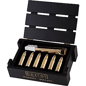 Whisksey Stones Gift Set - Set of 6 Gold Chilling Stones - Rocks Ice Cubes - Beautiful Military Wooden Gift Box for Men, Christmas Stocking Stuffers for Dad