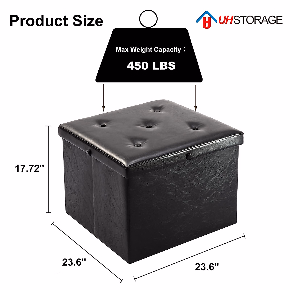 UHSTORAGE Large Square Storage Ottoman Coffee Table with Tray, Faux Leather Storage Ottoman for Living Room Comfortable Footstool with Resilient Sponge Padded Seat, Black